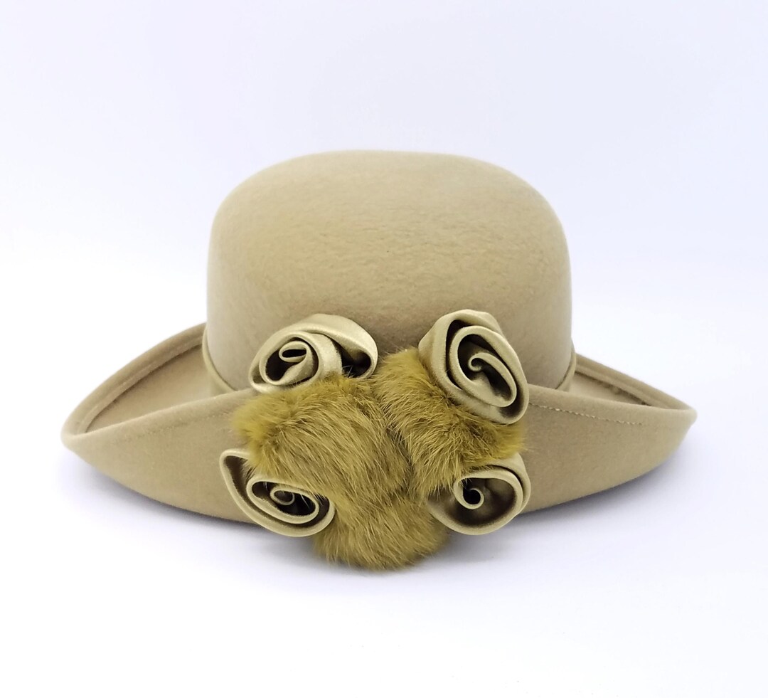 Milano Bowler Hat With Moss Green Felt, Rabbit Fur & Satin Silk Roses ...
