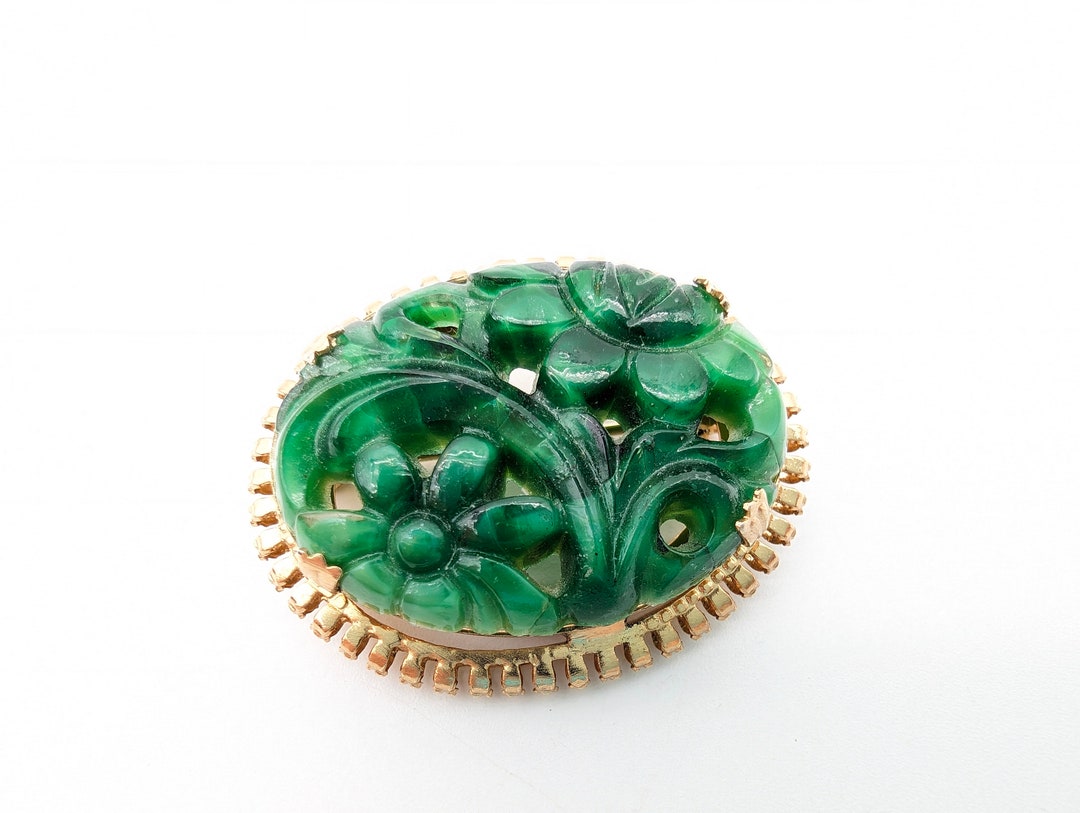 Napier Carved Glass Jade & Faux Pearl Brooch - Etsy