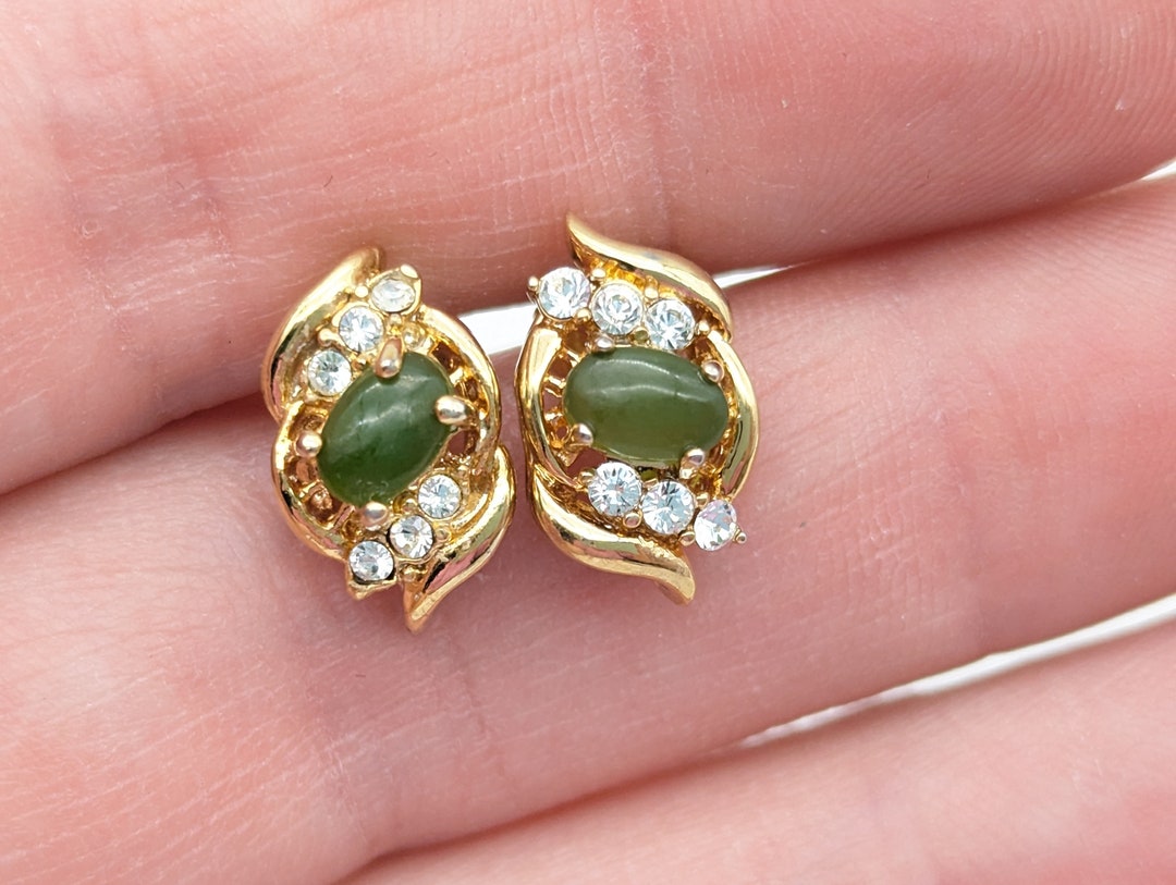 Vintage Faux Green Jade & Gold Tone Rhinestone Stud Earrings - Etsy