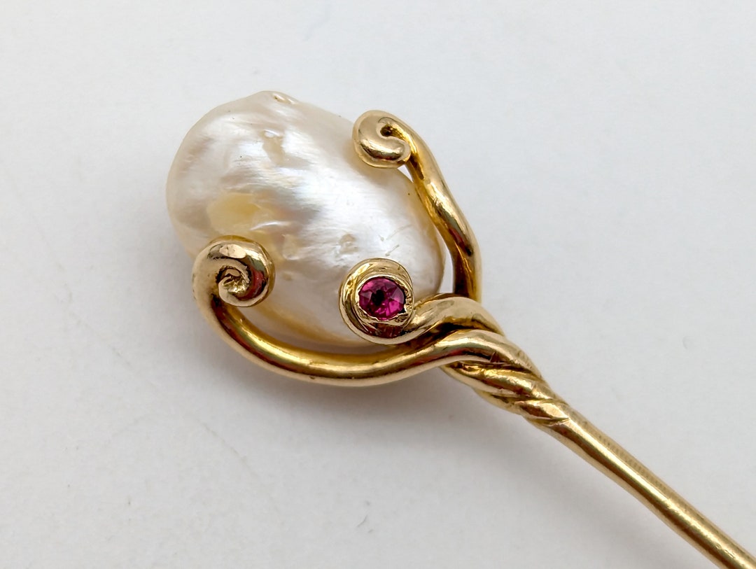 Antique 14K Gold, Baroque Pearl & Ruby Stick Pin 2.5 - Etsy