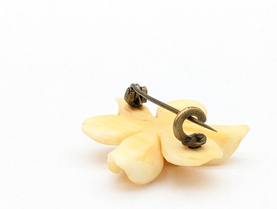 Antiqued Carved Celluloid Daffodil Flower Brooch - Gem