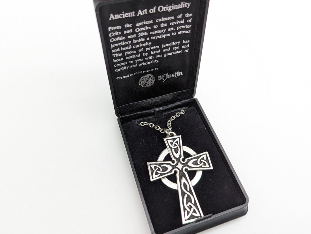 Vintage St. Justin Pewter Celtic Cross Pendant Necklace in Original Box ...