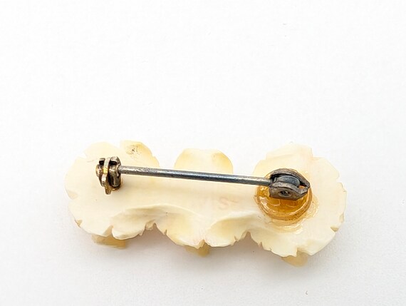 Antiqued Carved Celluloid Rose Flower Brooch - 1.25" - Gem