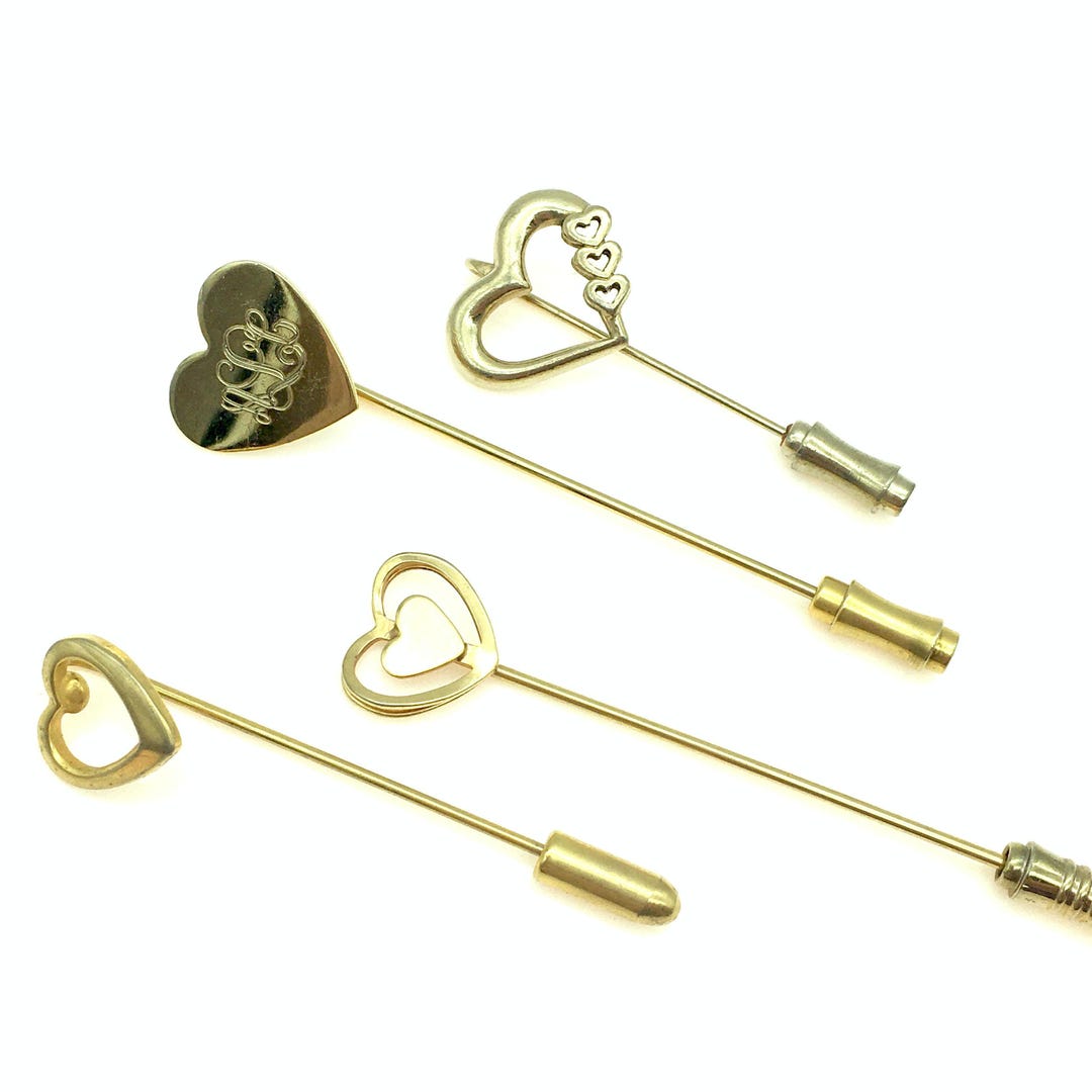 Four Gold Heart Stick Pins: Open Hearts, Double Heart & Engraved Styles ...