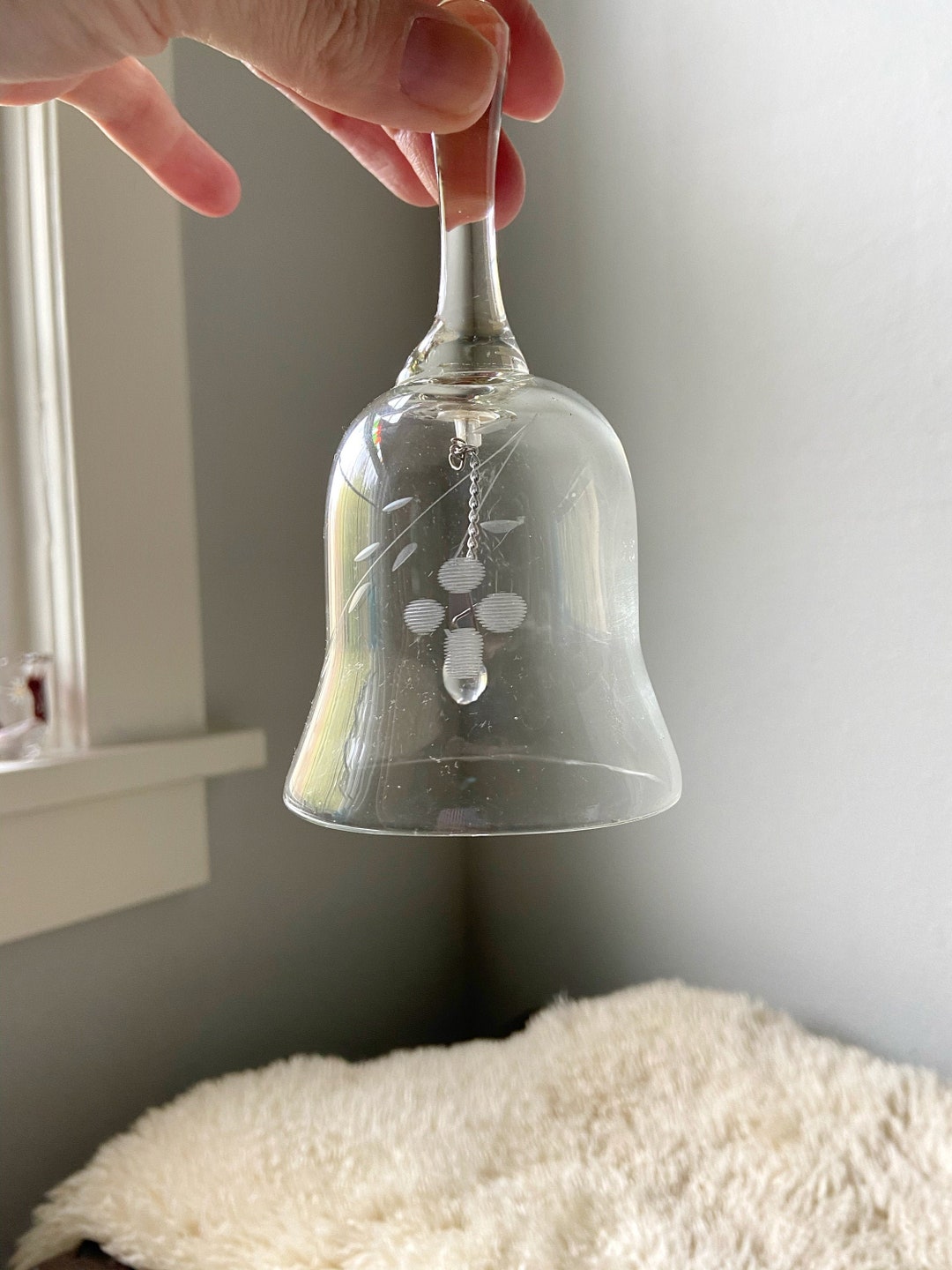 Vintage Clear Etched Glass Hand Bell / Romantic Glass Bell With Floral ...