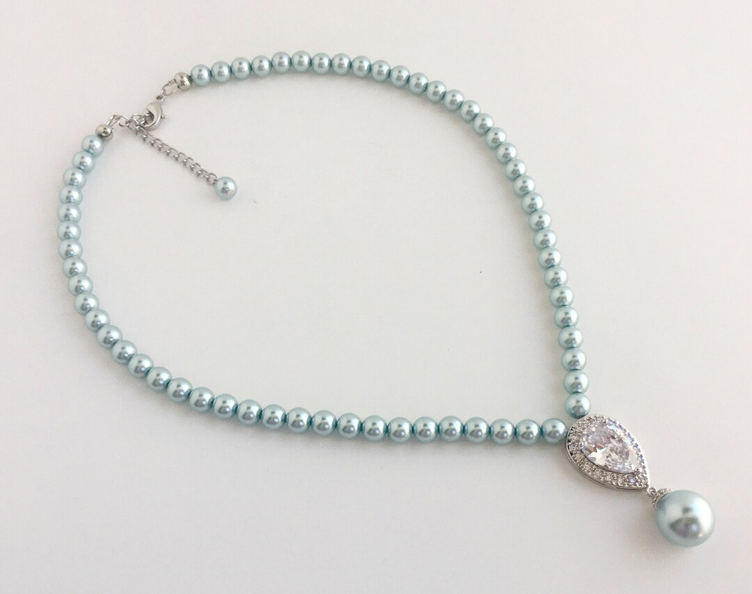 Light Blue Pearl Necklace Icy Blue Pearl Cubic Zirconia Bridal Backdrop ...
