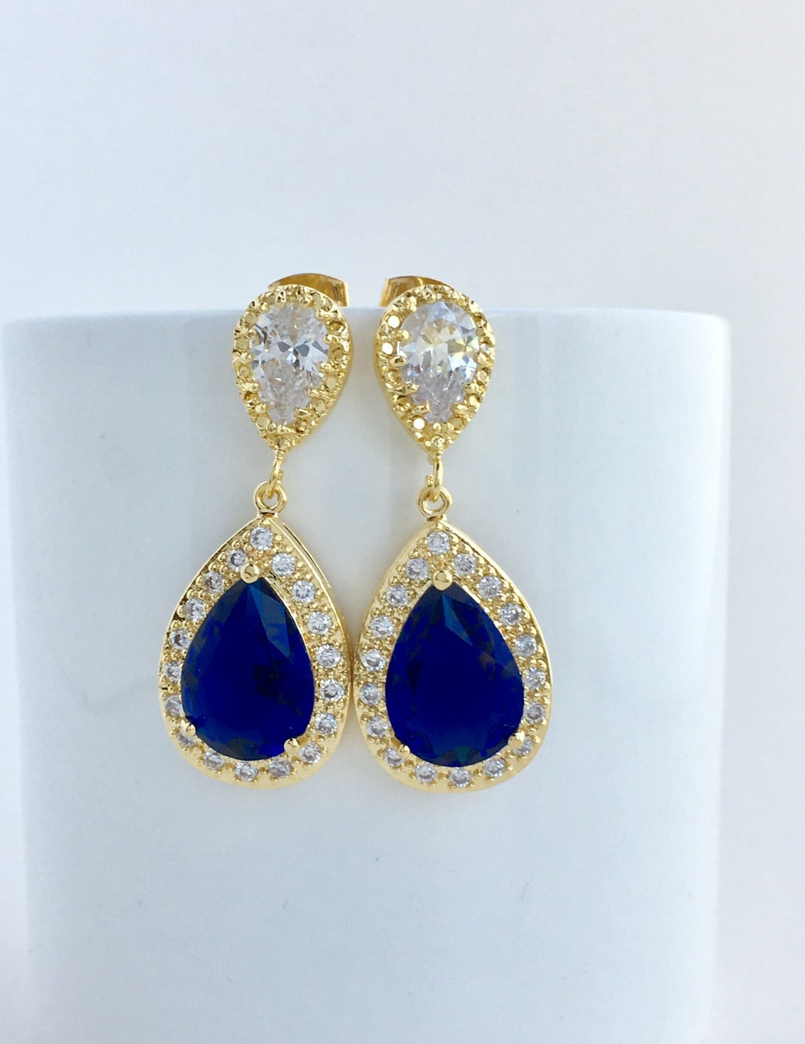 Blue Bridal Gold Earrings Blue Gold Crystal Earrings Blue Bridal Gold ...