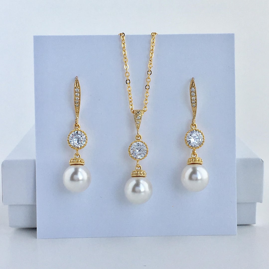 Gold Pearl Bridal Set Gold Wedding Cubic Zirconia Crystal Set Gold ...