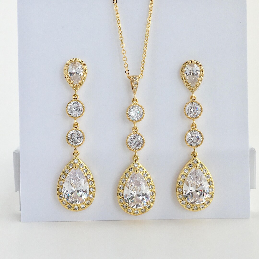 Long Gold Bridal Jewelry Set Long Gold Cubic Zirconia Set Long Gold ...