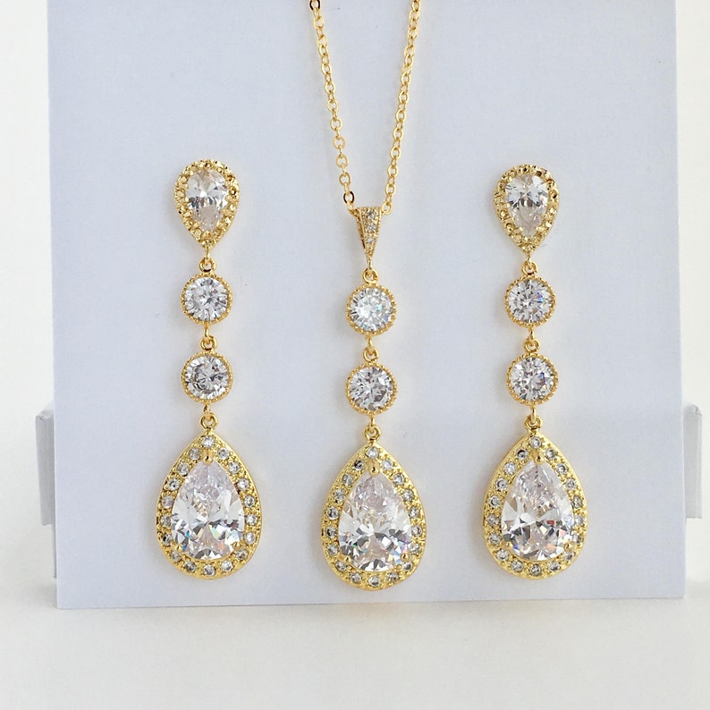 Long Gold Bridal Jewelry Set Long Gold Cubic Zirconia Set Long - Etsy
