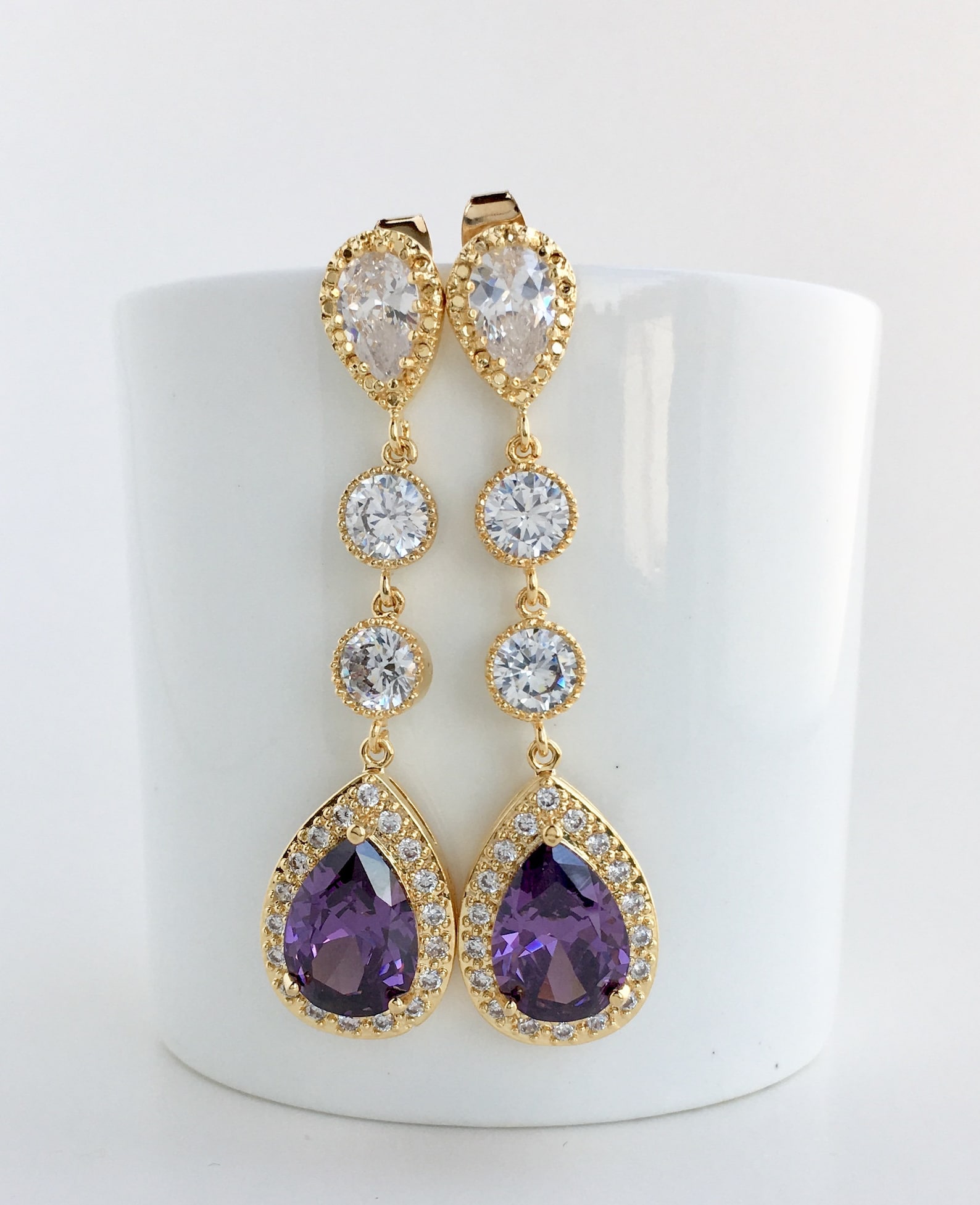 Long Purple Gold Bridal Set Long Purple Gold Wedding Jewelry Set Purple ...