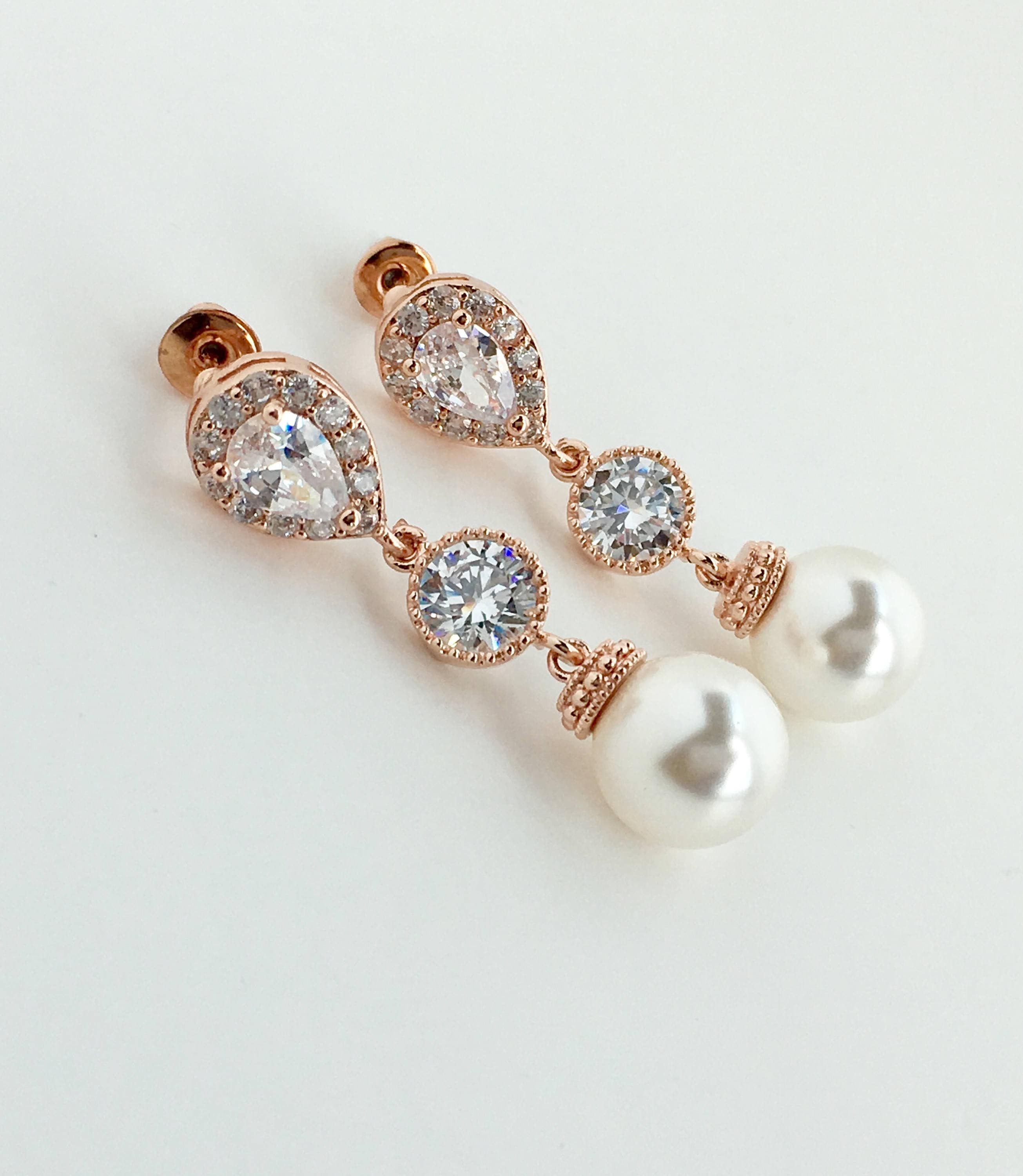 Rose Gold Tone Pearl and Crystal Bridal Drop Earrings Wedding - Etsy