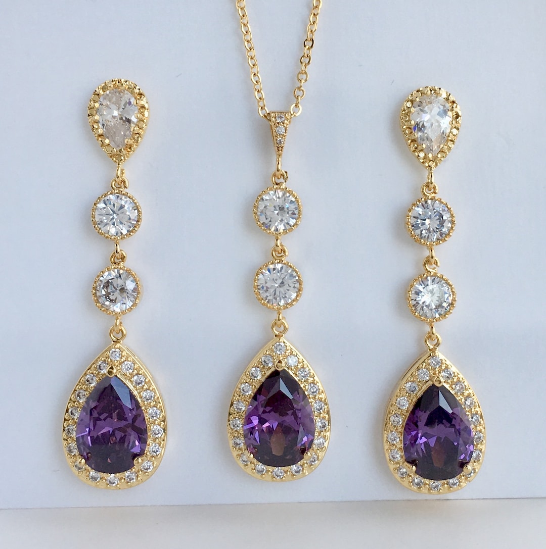 Long Purple Gold Bridal Set Long Purple Gold Wedding Jewelry Set Purple ...