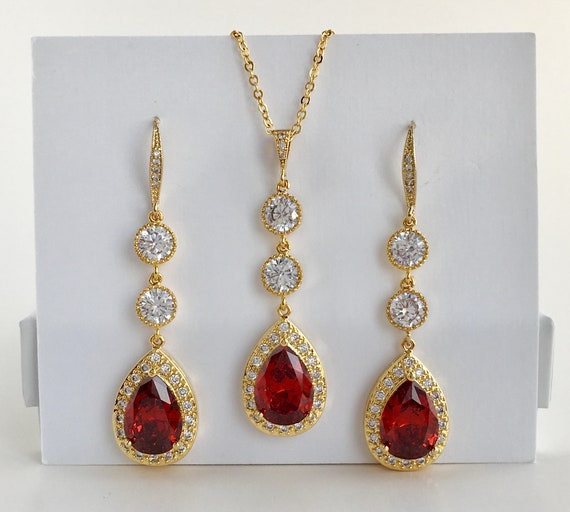 Red Long Gold Bridal Set Ruby Crystal Gold Jewelry Red Gold | Etsy