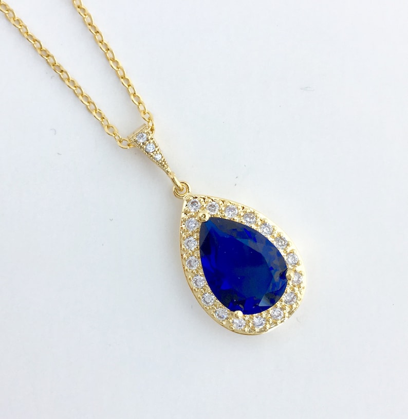 Blue Crystal Necklace Blue Cubic Zirconia Gold Wedding | Etsy