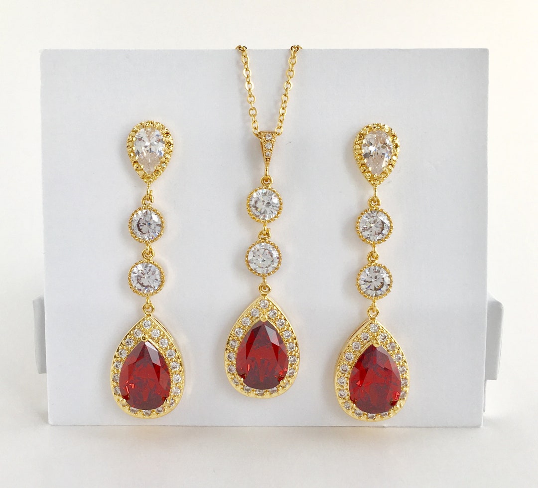 Long Red Bridal Jewelry Red Gold Wedding Jewelry Set Ruby Crystal Gold ...