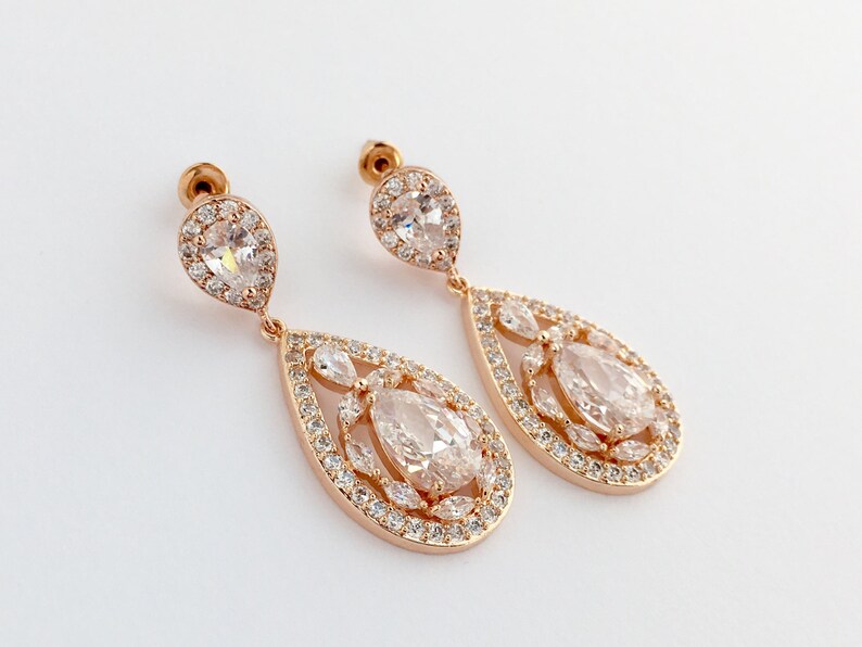 Rose Gold Cubic Zirconia Earrings Rose Gold Teardrop Bridal - Etsy