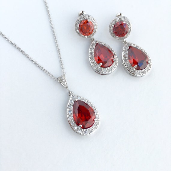 Red Crystal Bridal Set Red Cubic Zirconia Jewelry Set Ruby | Etsy
