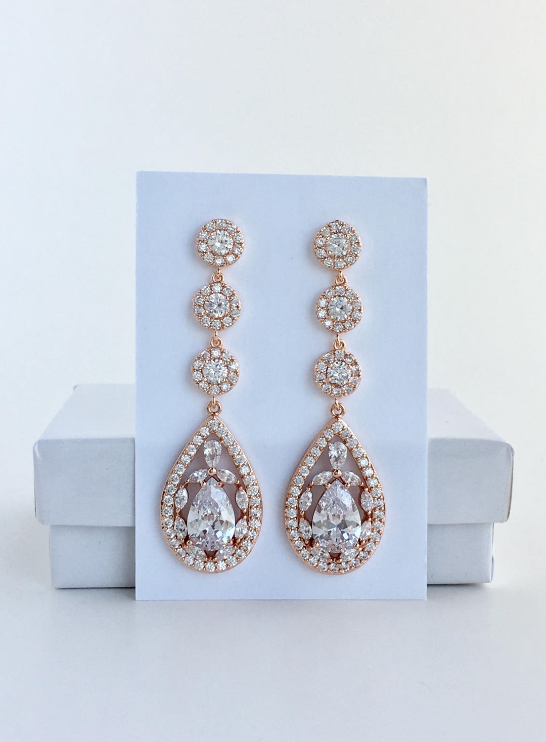 Long Rose Gold Crystal Earrings Rose Gold Bridal Earrings Rose Gold ...