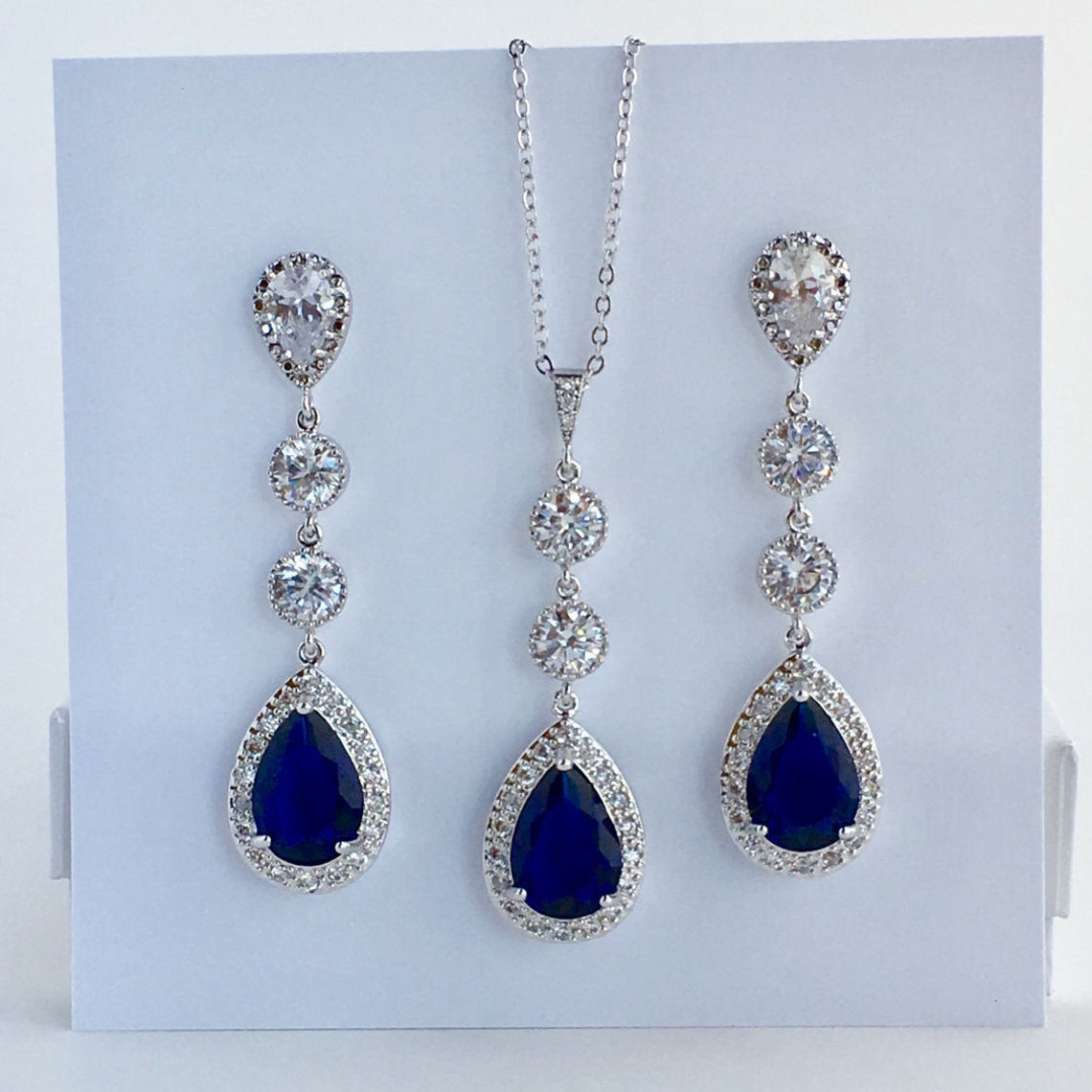 Long Blue Sapphire Bridal Jewelry Set Blue Cubic Zirconia Set Sapphire ...