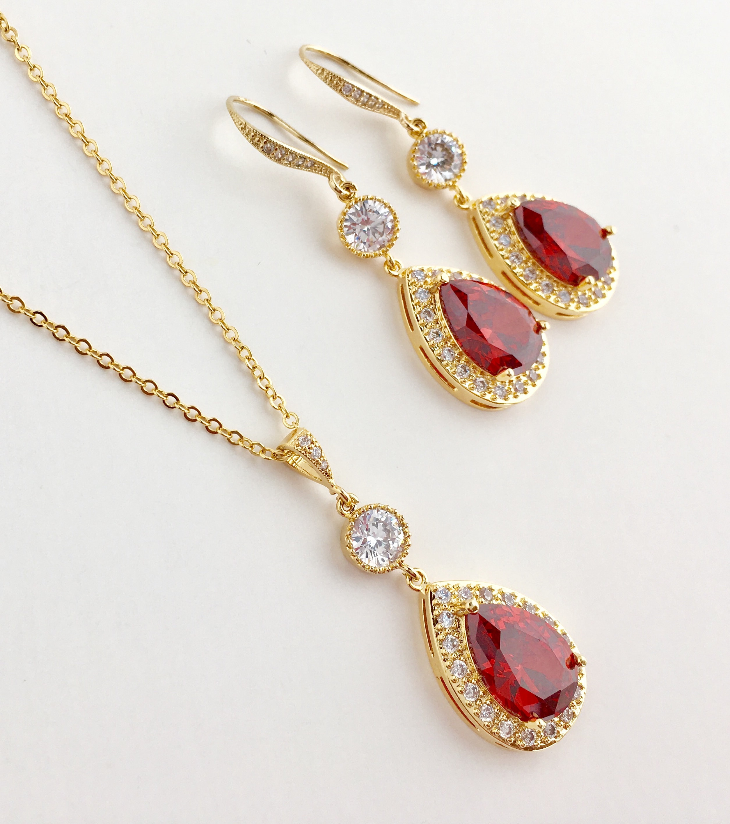 Red Bridal Gold Necklace Red Crystal Gold Necklace Ruby Gold Wedding ...