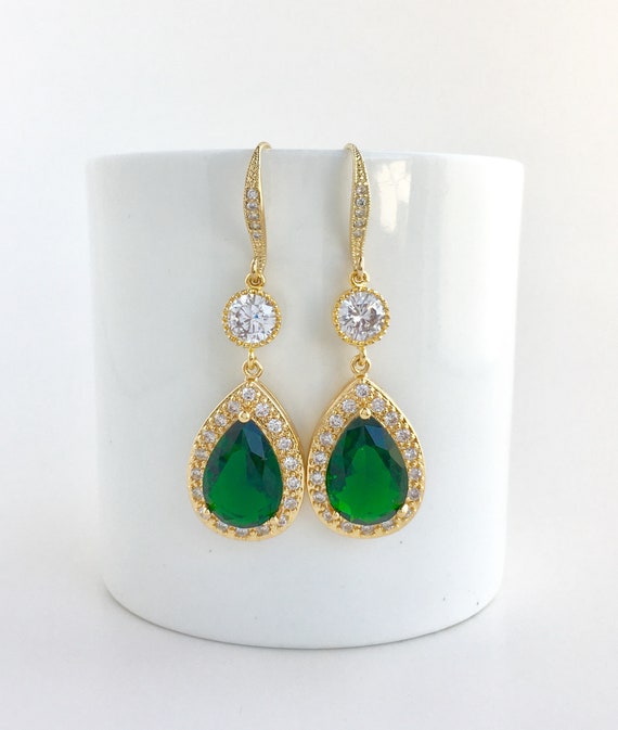 Green Bridal Gold Earrings Green Crystal Earrings Green | Etsy
