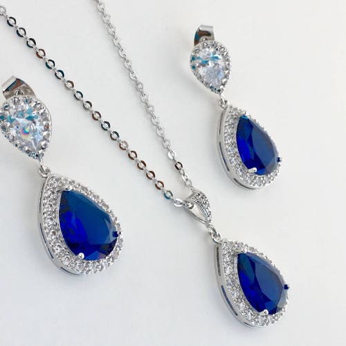 Blue Sapphire Bridal Jewelry Set Wedding Blue Crystal Set Blue - Etsy