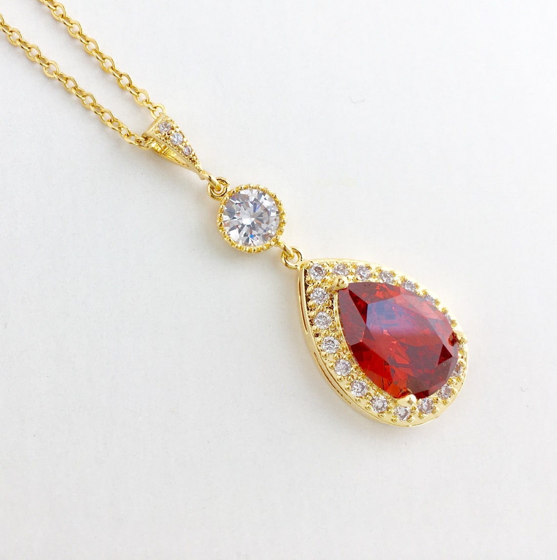Red Bridal Gold Necklace Red Crystal Gold Necklace Ruby Gold Wedding ...