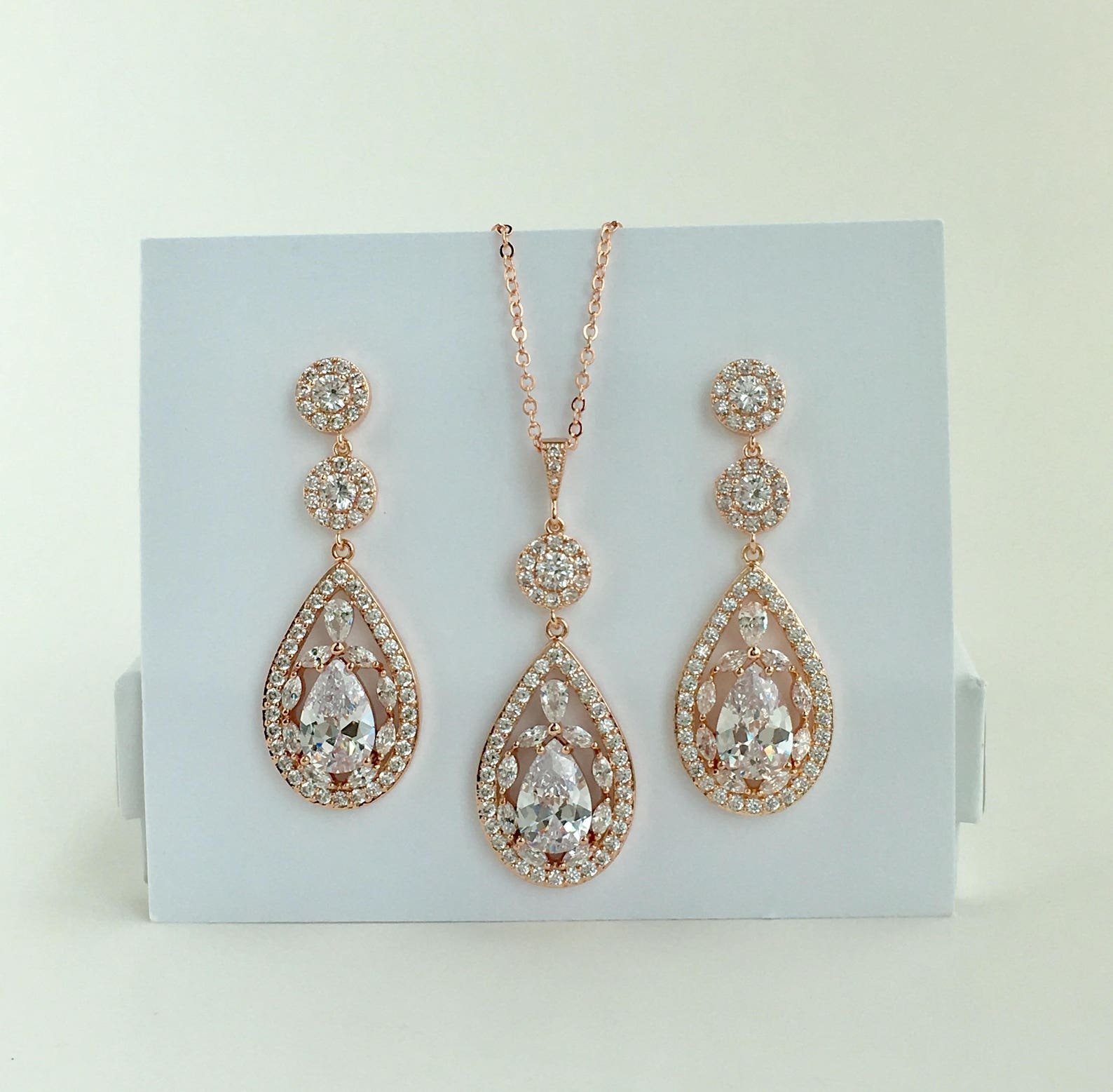 Rose Gold Crystal Set Long Rose Gold Teardrop Jewelry Set Rose - Etsy