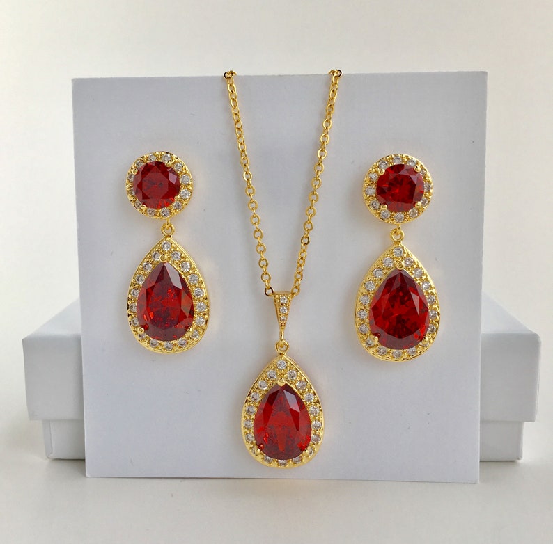 Gold Red Crystal Set Red Cubic Zirconia Set Red Bridal Gold - Etsy