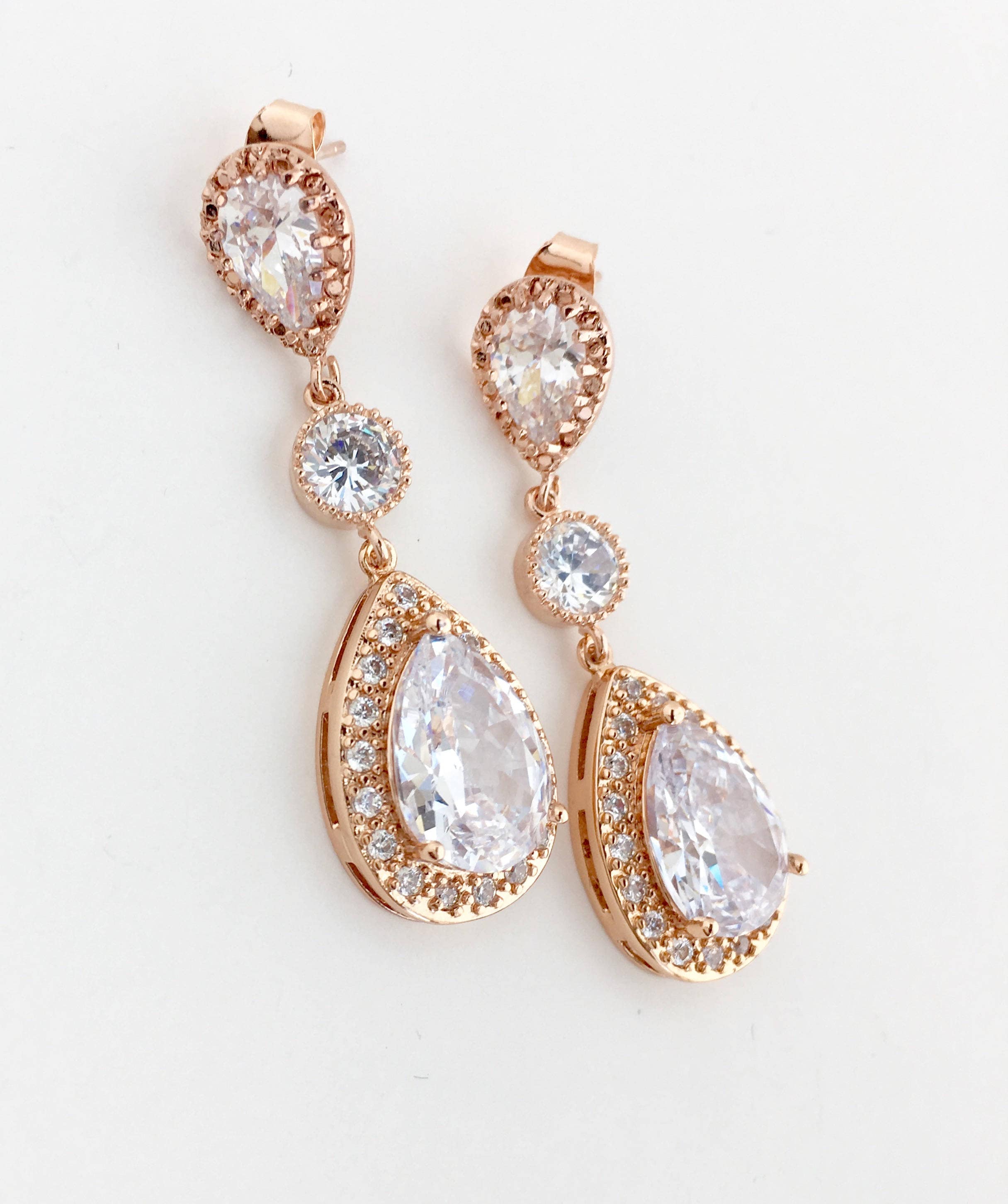 Rose Gold Crystal Earrings Rose Gold Bridal Earrings Rose Gold Cubic ...