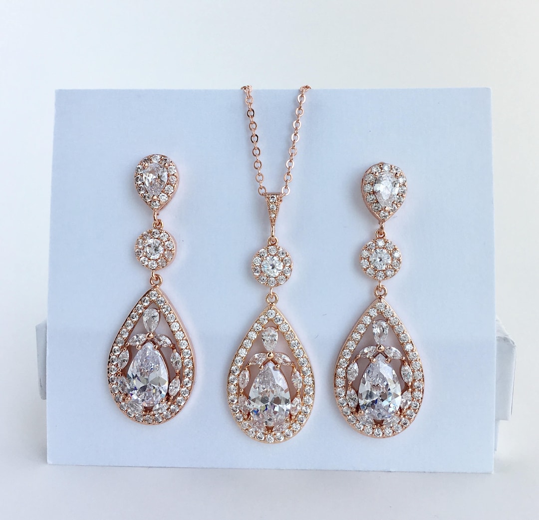 Rose Gold Crystal Set Long Rose Gold Teardrop Jewelry Set Rose - Etsy