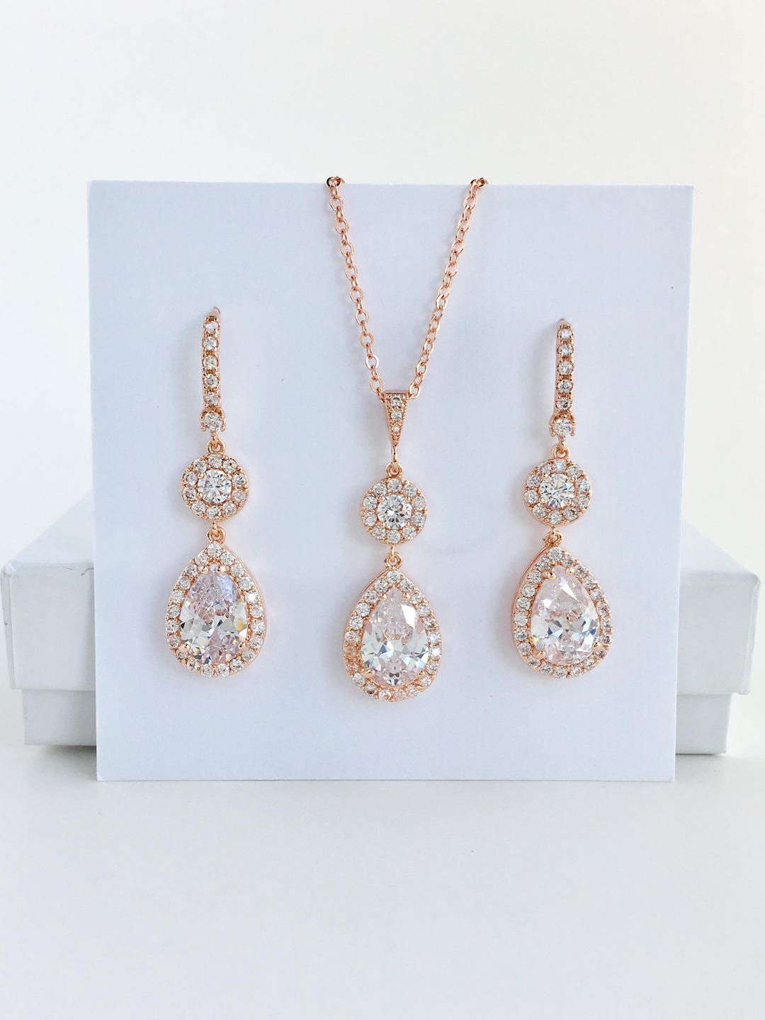 Rose Gold Crystal Bridal Set Rose Gold Cubic Zirconia Jewelry Set ...