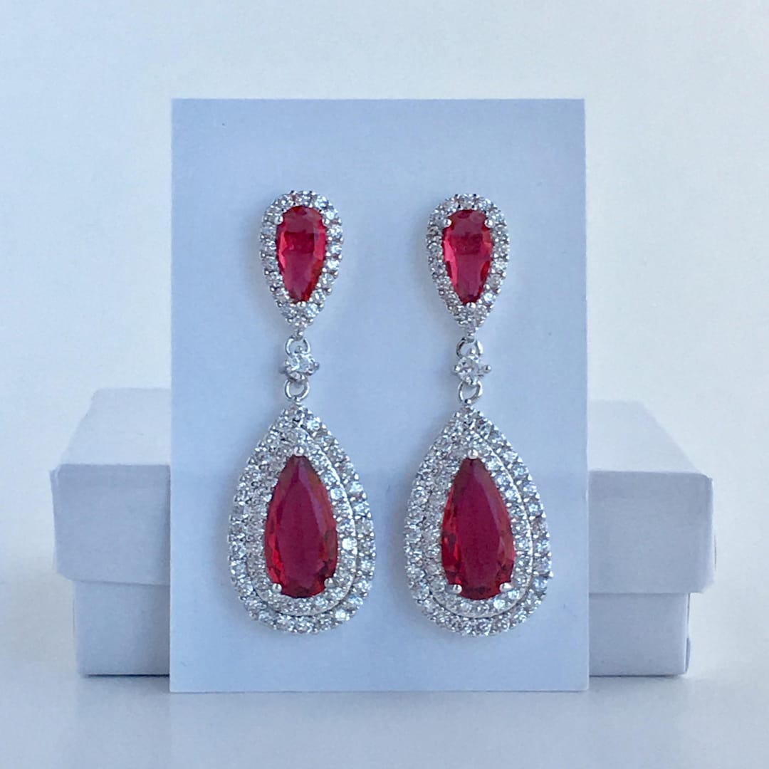 Red Crystal Earrings Red Ruby Cubic Zirconia Earrings Ruby Red Teardrop ...