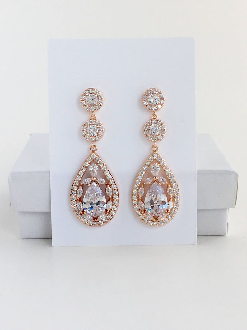 Rose Gold Crystal Set Long Rose Gold Teardrop Jewelry Set Rose Gold ...