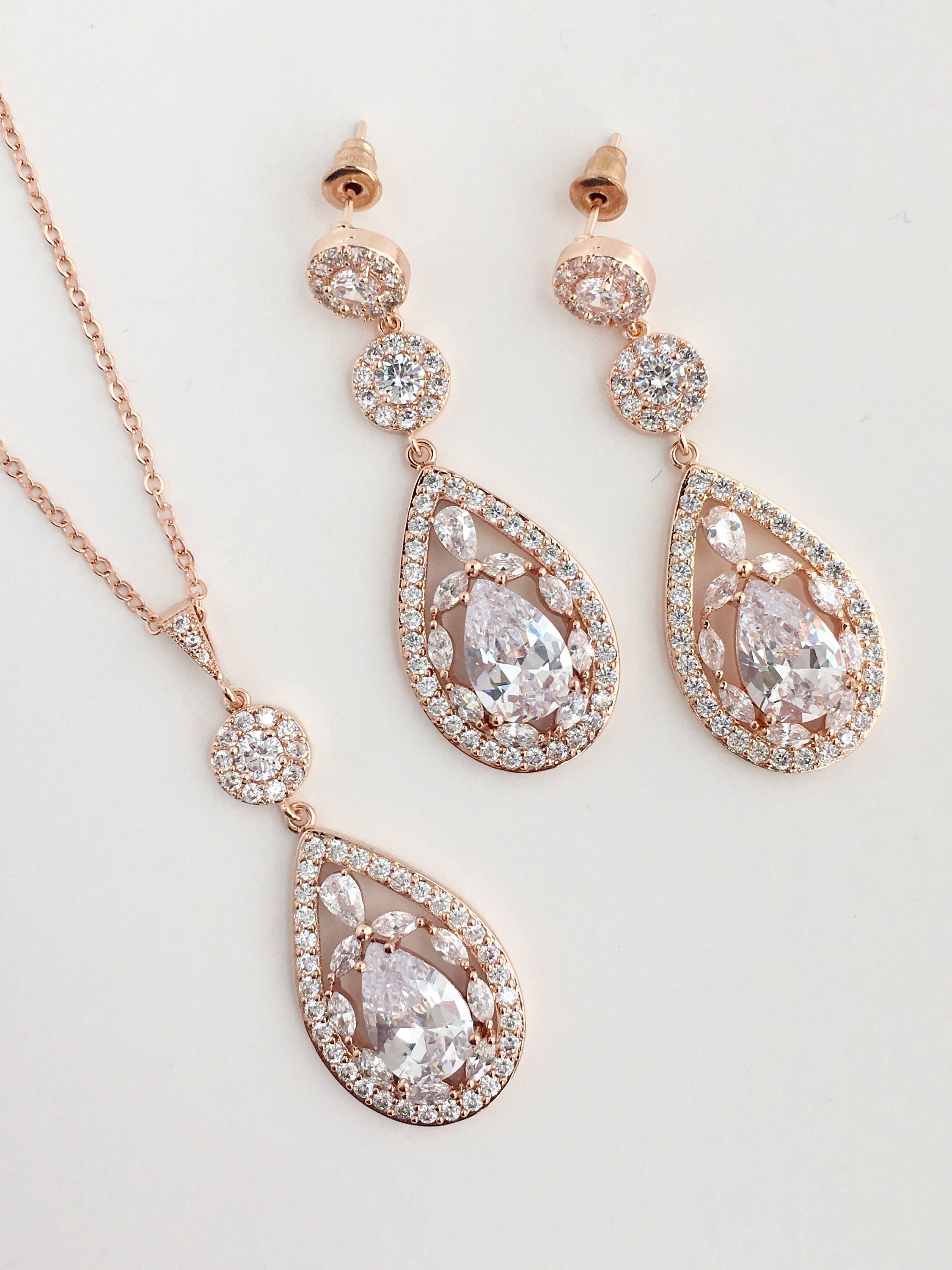 Rose Gold Crystal Set Long Rose Gold Teardrop Jewelry Set Rose Gold ...