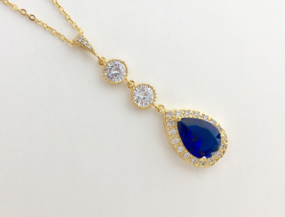 Blue Long Gold Bridal Necklace Blue Gold Crystal Pendant Blue Gold ...