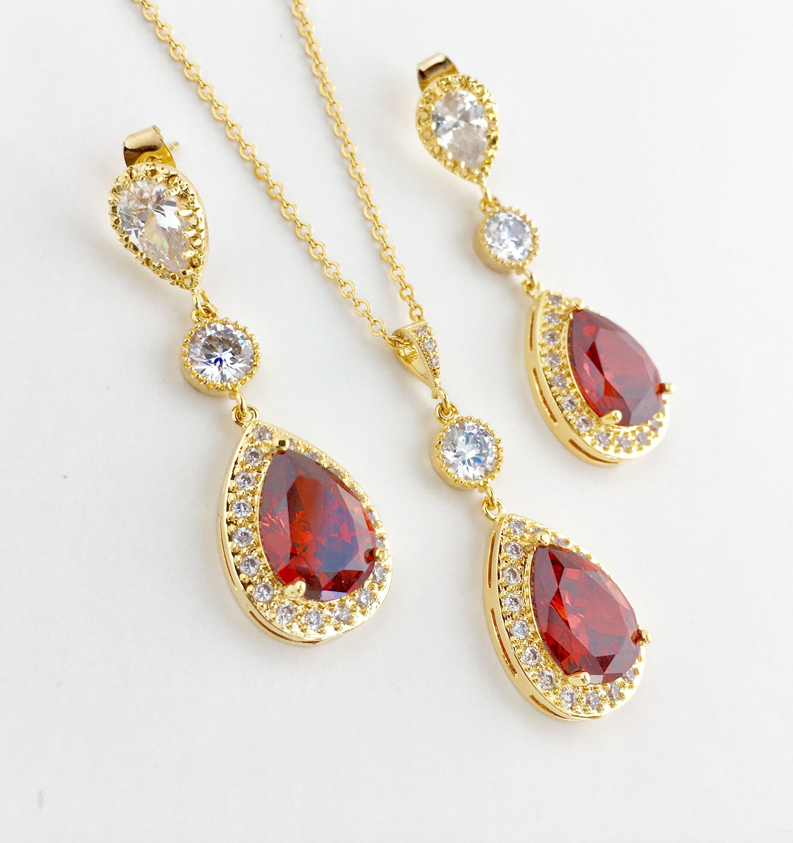 Red Bridal Gold Necklace Red Crystal Gold Necklace Ruby Gold Wedding ...
