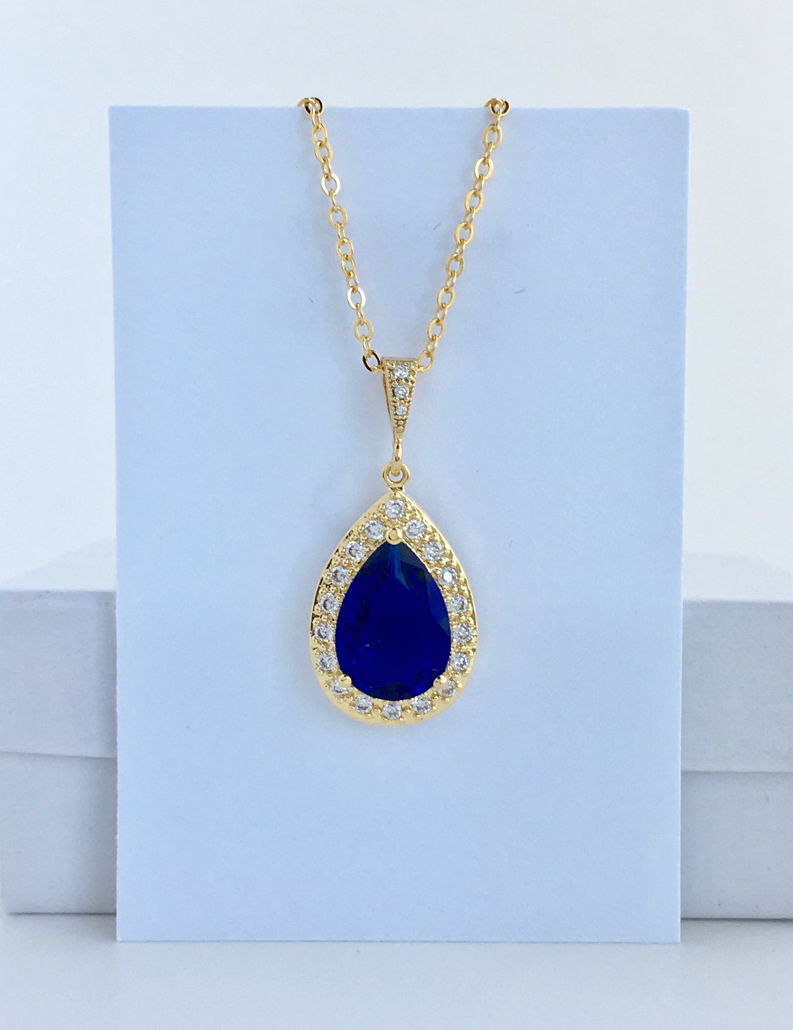 Blue Crystal Necklace Blue Cubic Zirconia Gold Wedding | Etsy