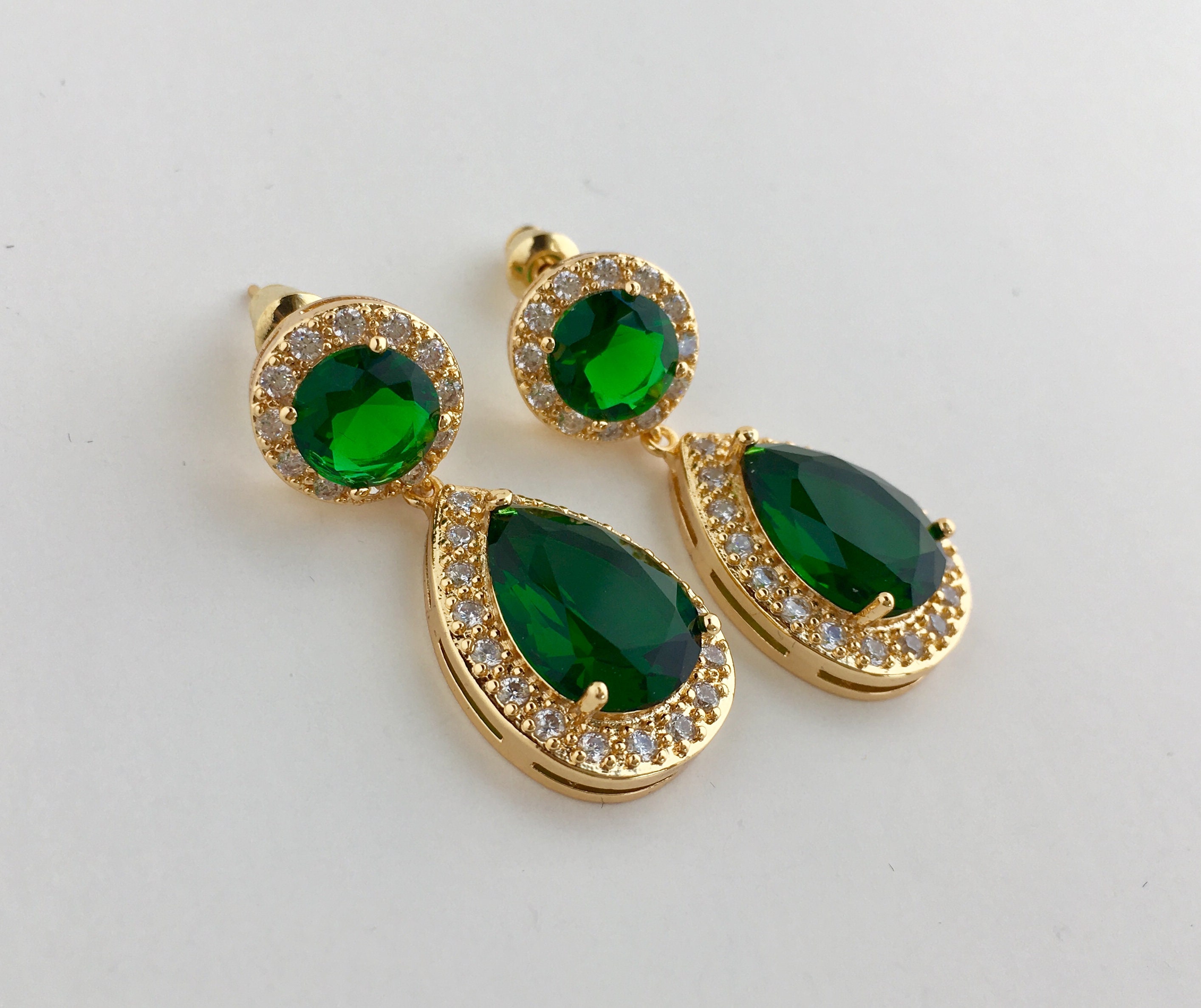 Green Crystal Gold Earrings Green Gold Cubic Zirconia Earrings | Etsy