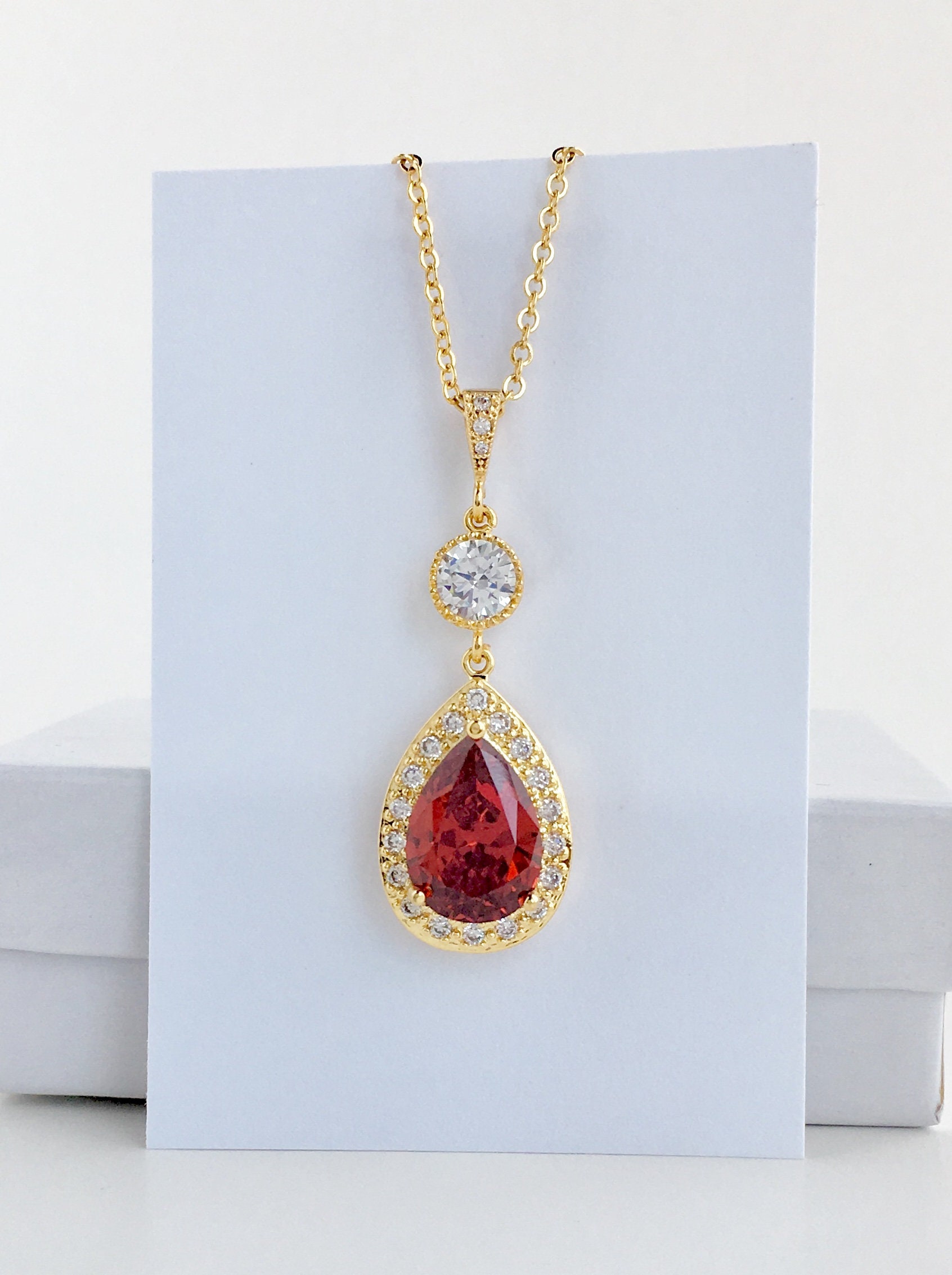 Red Bridal Gold Necklace Red Crystal Gold Necklace Ruby Gold | Etsy