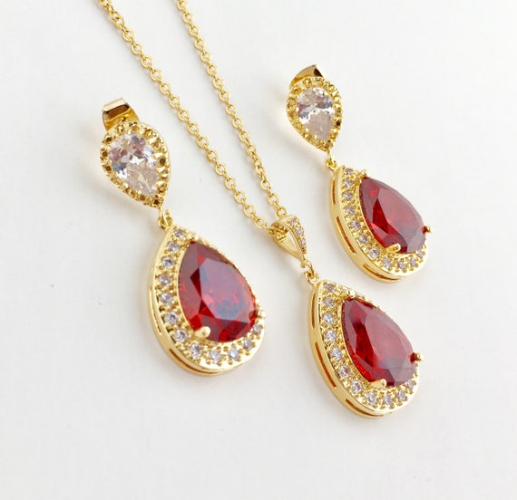 Gold Red Crystal Set Gold Ruby Cubic Zirconia Set Red Bridal - Etsy