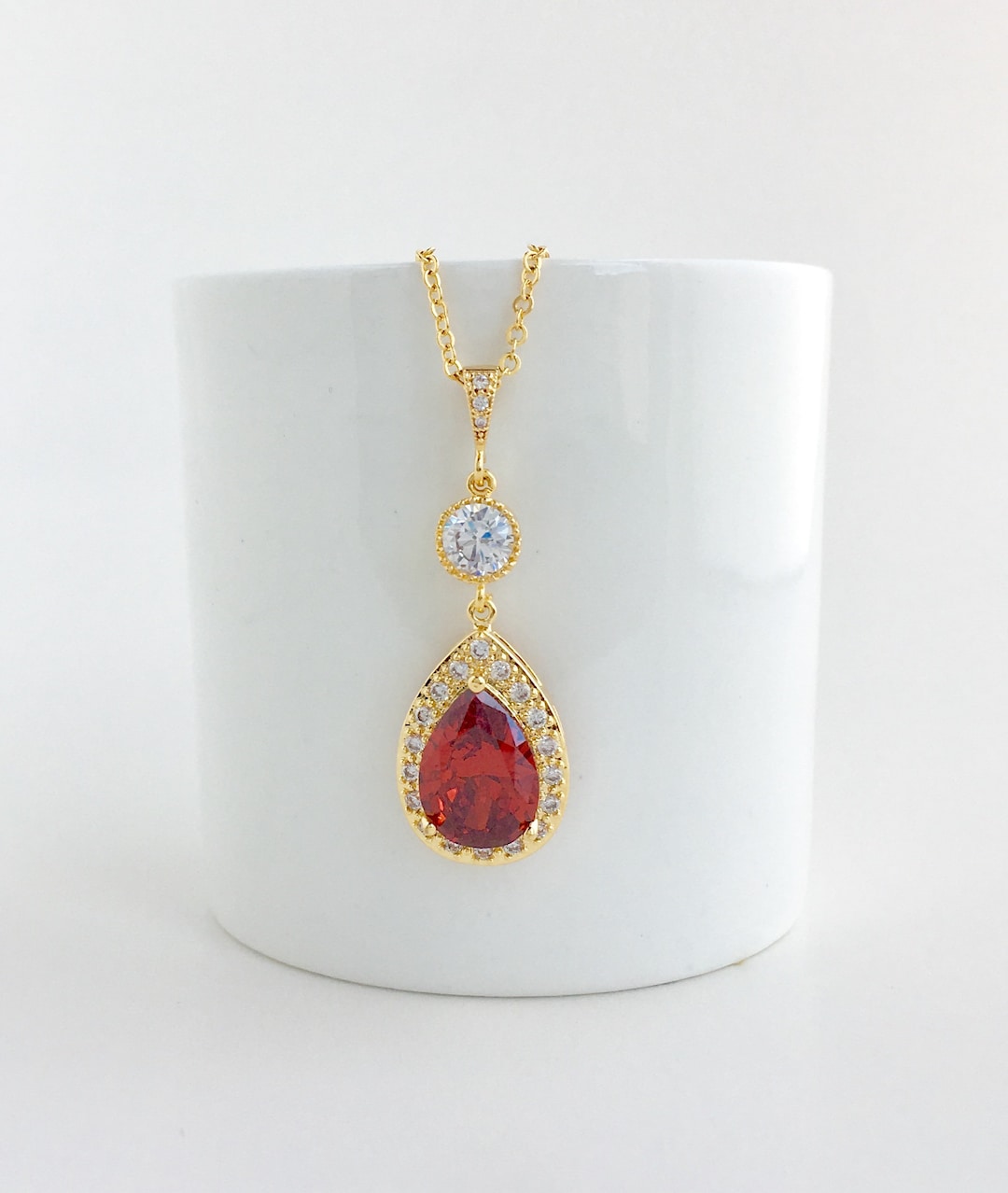 Red Bridal Gold Necklace Red Crystal Gold Necklace Ruby Gold Wedding ...