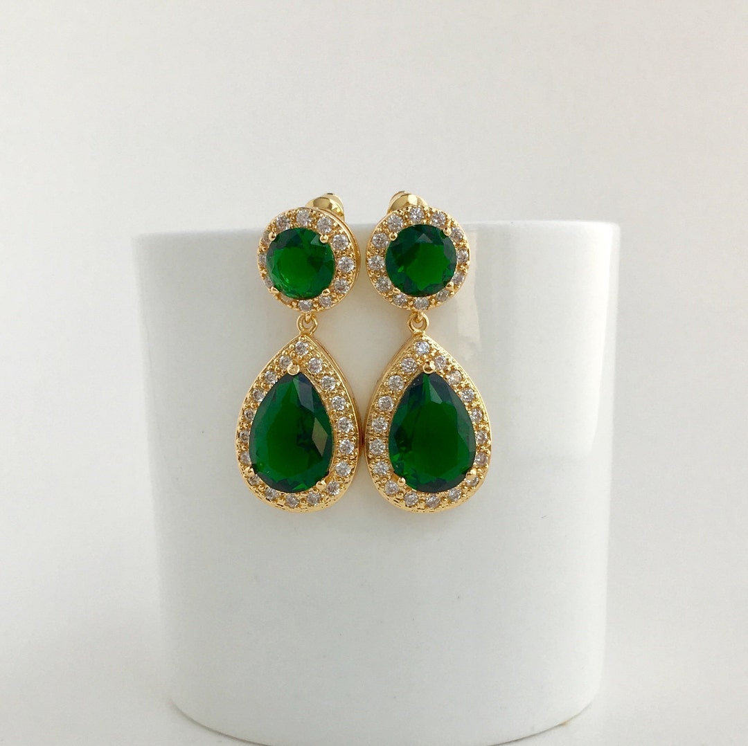 Green Crystal Gold Earrings Green Gold Cubic Zirconia Earrings Green ...