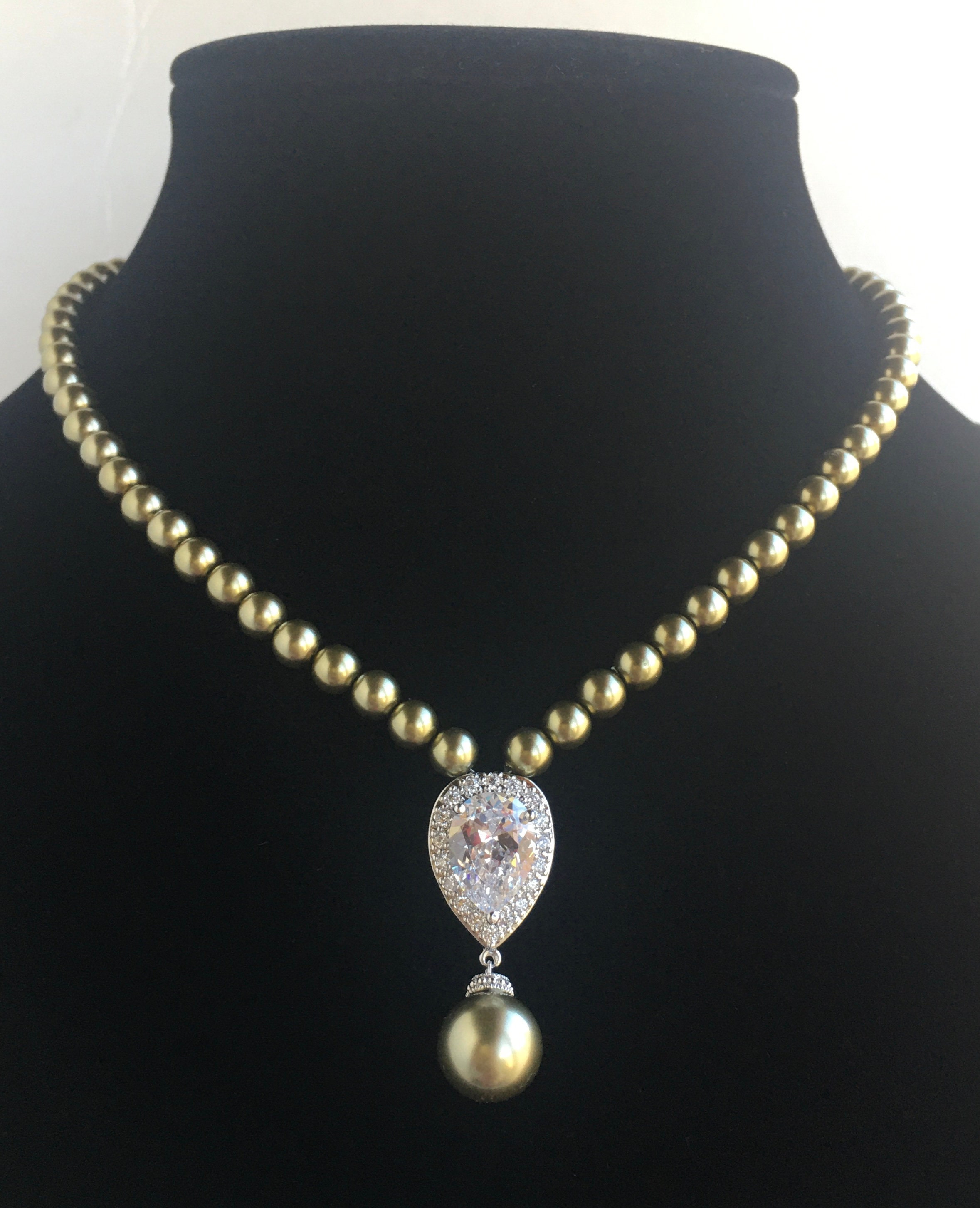 Olive Green Pearl Necklace Green Pearl Cubic Zirconia Bridal Etsy