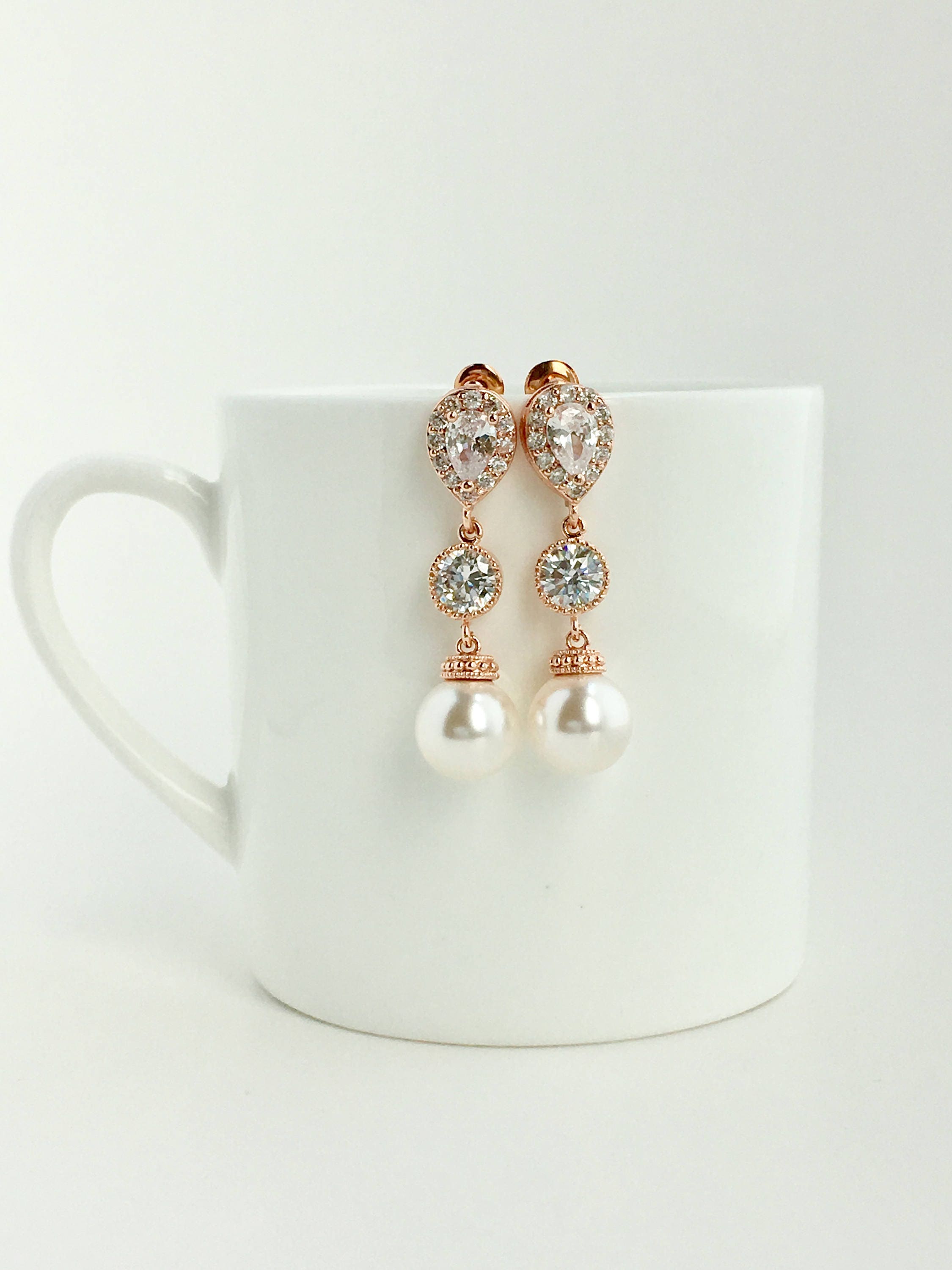 Rose Gold Tone Pearl and Crystal Bridal Drop Earrings Wedding - Etsy