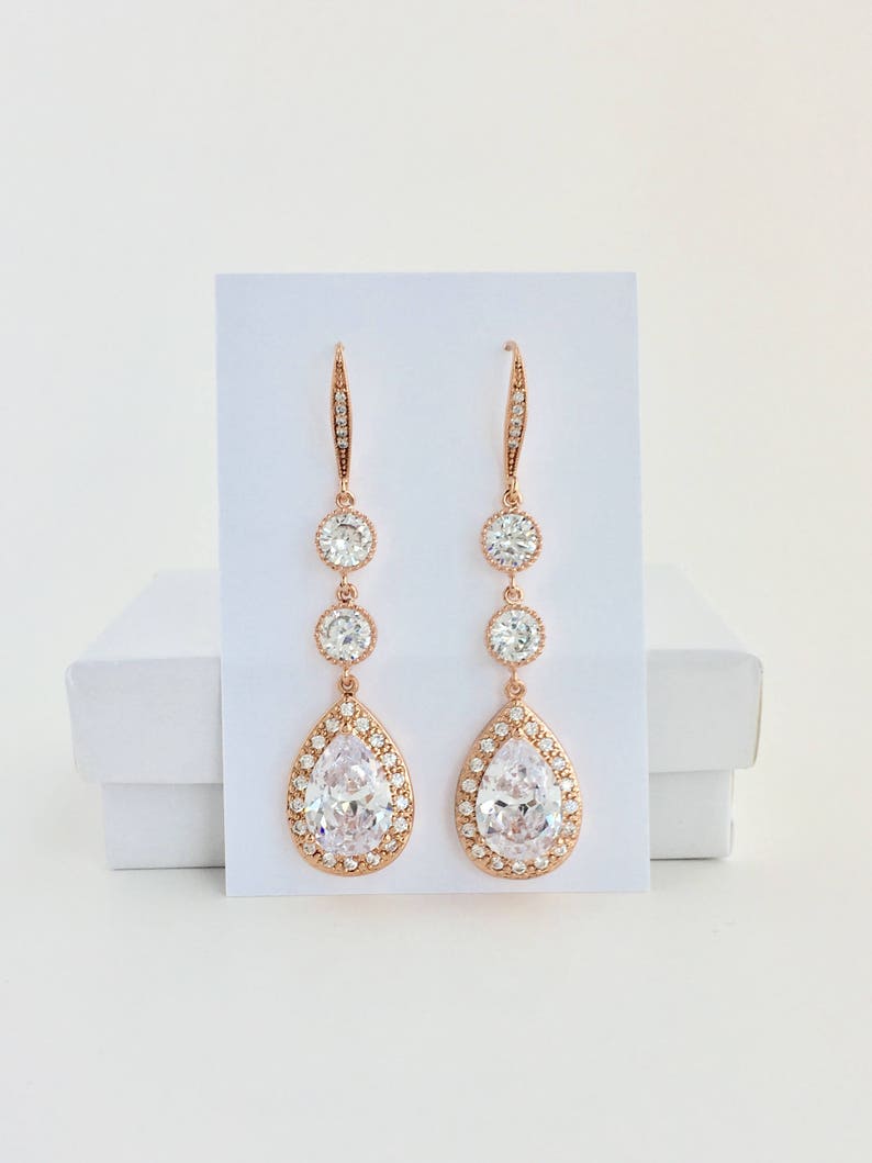 Long Rose Gold Bridal Set Long Rose Gold Zirconia Set Long Rose Gold ...