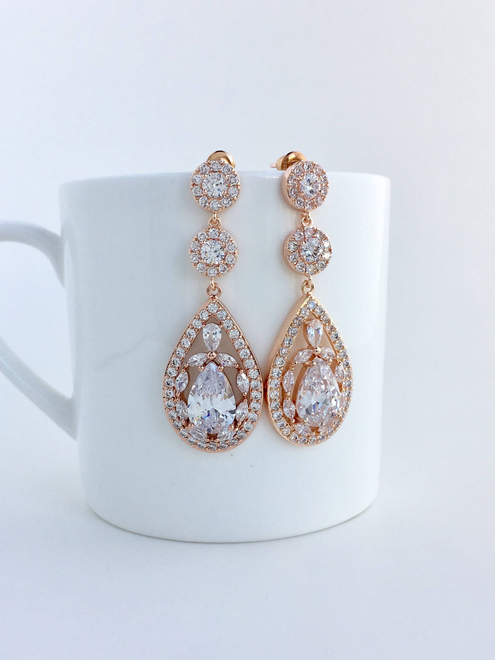 Rose Gold Crystal Set Long Rose Gold Teardrop Jewelry Set Rose - Etsy