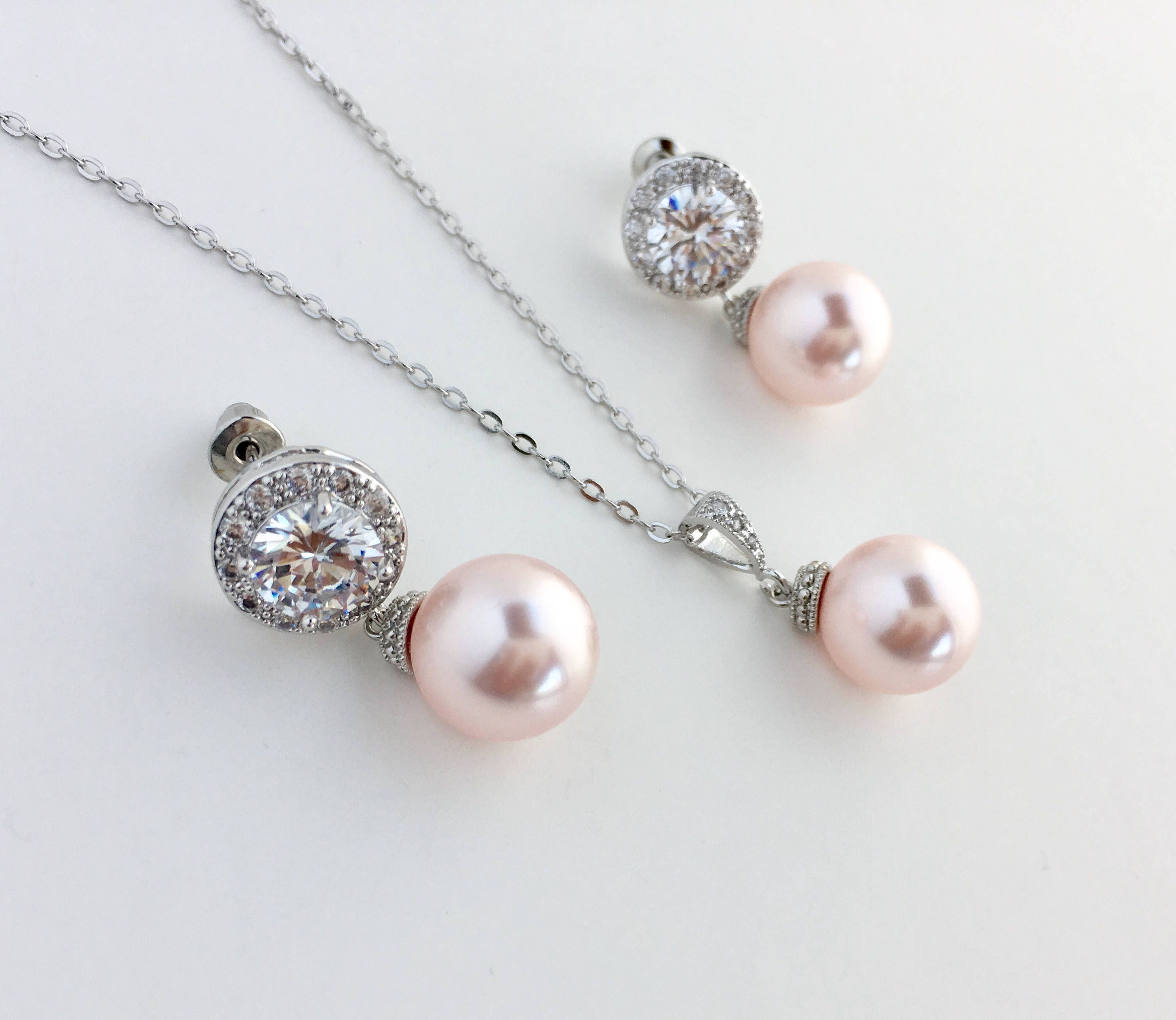 Pink Pearl Bridal Set Pink Crystal Bridal Jewelry Pink - Etsy
