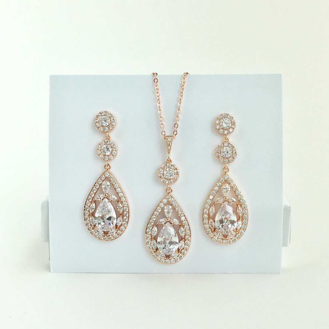 Rose Gold Crystal Set Long Rose Gold Teardrop Jewelry Set Rose Gold ...